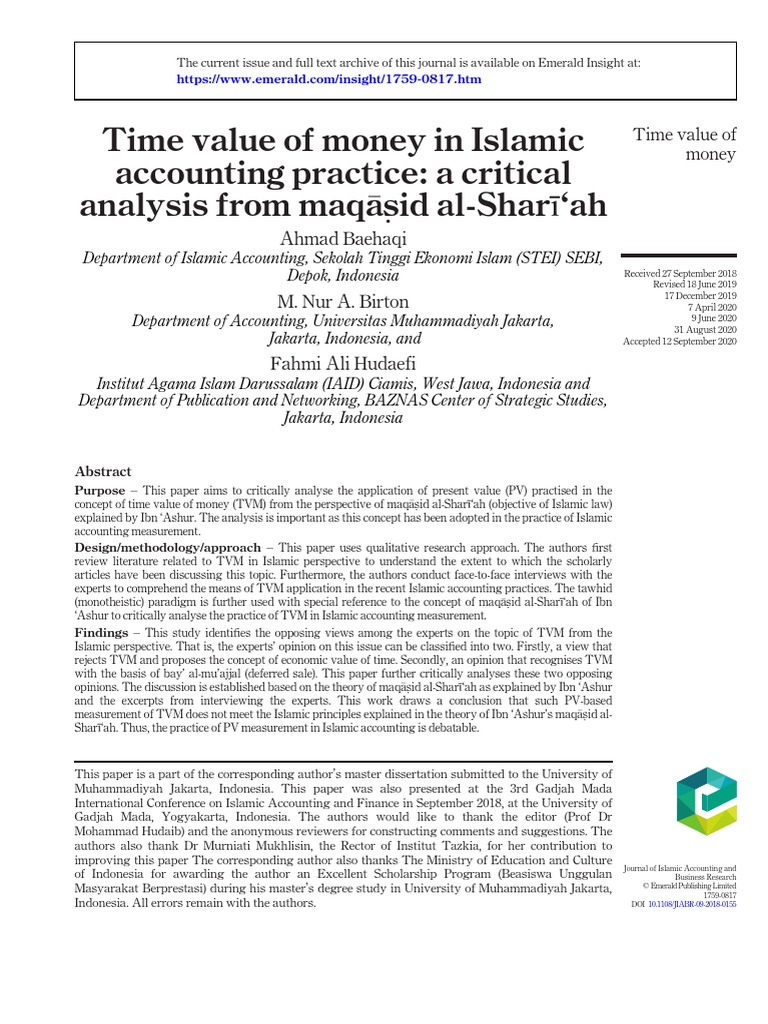 Baehaqi, Birton & Hudaefi (2020) Time Value of Money in Islamic ...