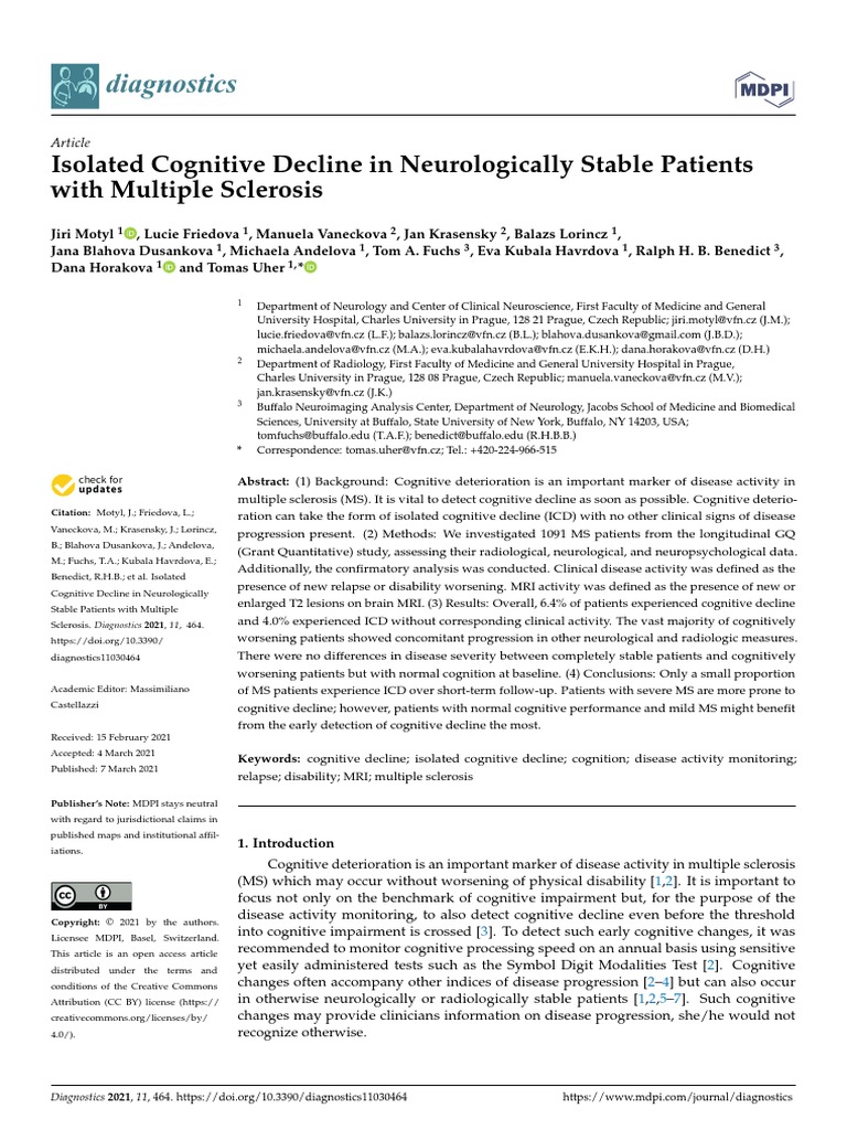 Diagnostics: Isolated Cognitive Decline in Neurologically Stable ...