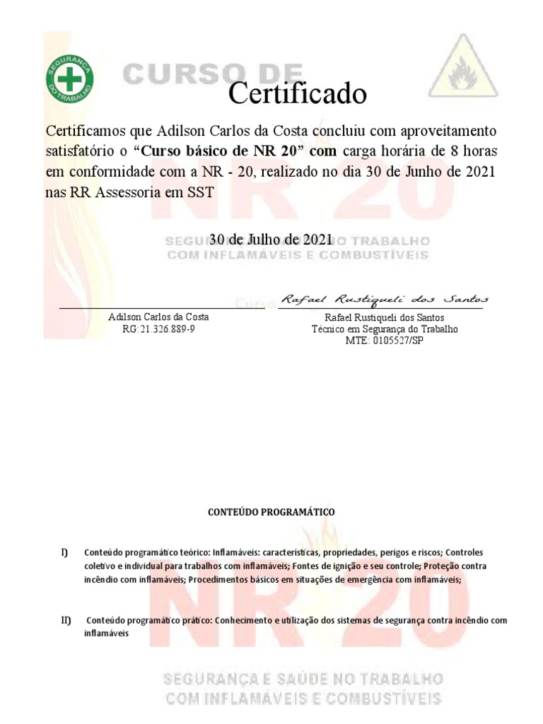 Certificado NR-20 (Basico) | PDF