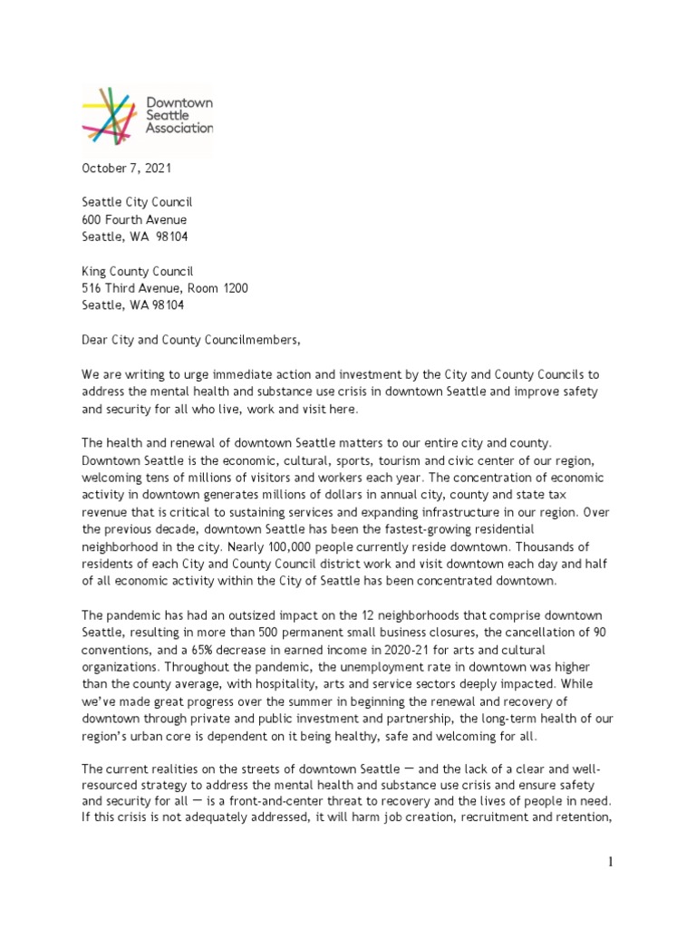 Downtown Seattle Association Letter To City and County Councils On ...