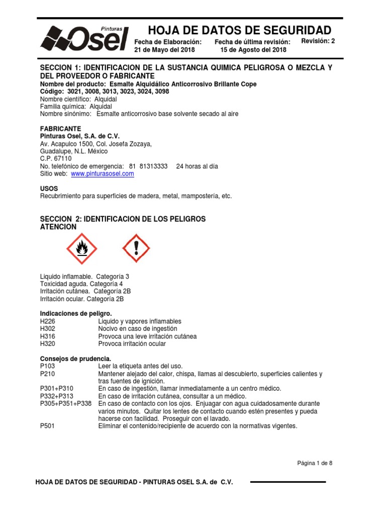 Hoja de Datos de Seguridad - Pinturas Osel S.A. de C.V.: Esmalte ...