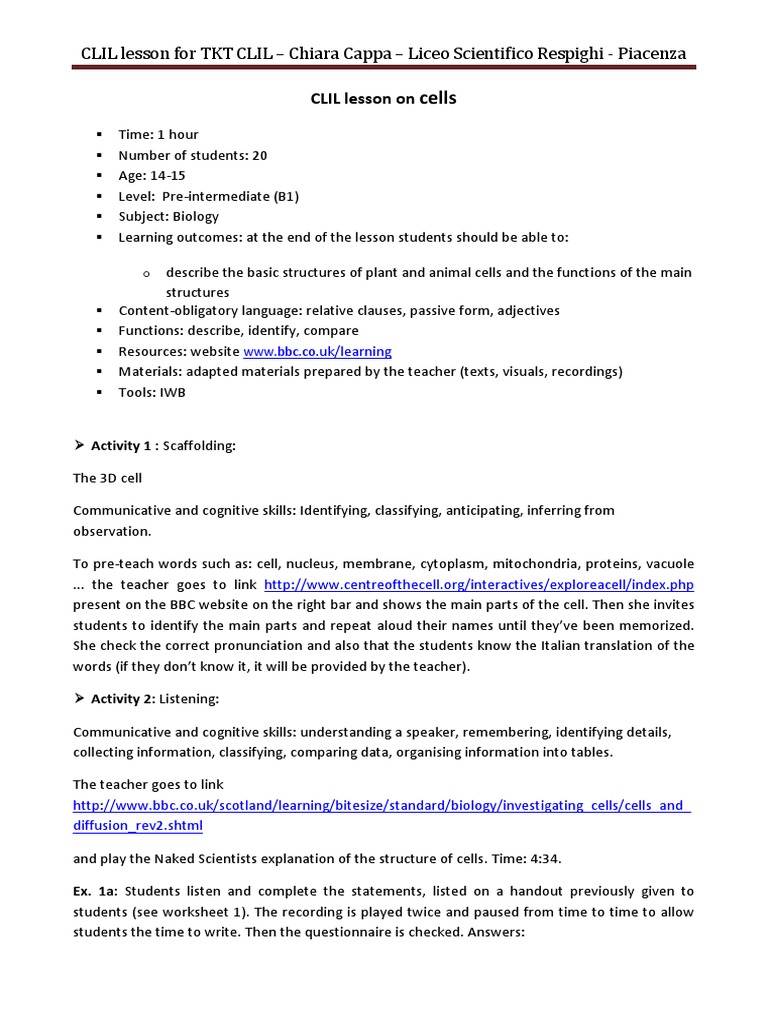 TKT CLIL - CLIL Lesson On Cells | PDF | Cell (Biology) | Chloroplast