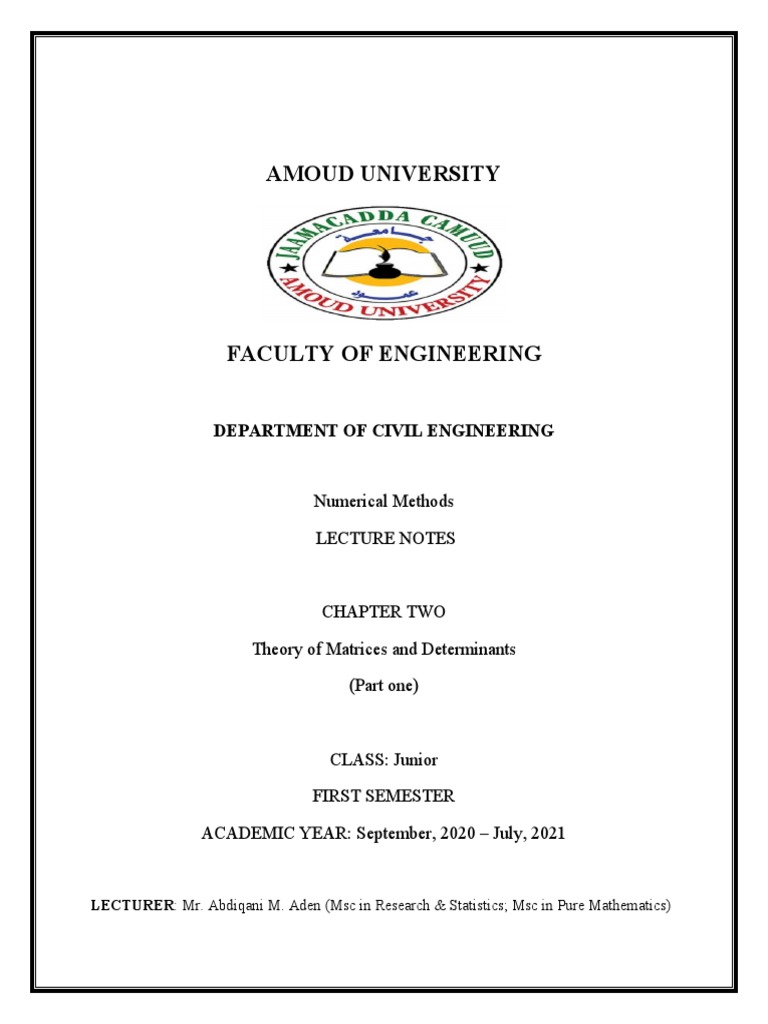 Ch2 Numerical Methods Lecture Notes Part One Pdf Matrix Mathematics Mathematical Concepts