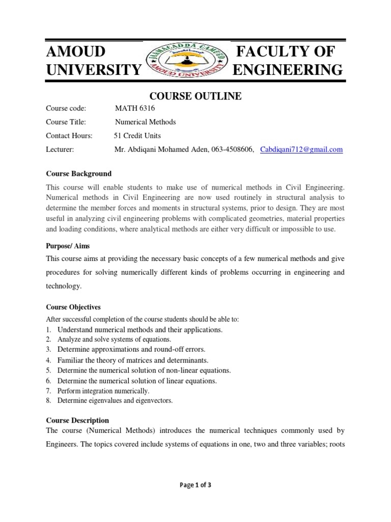 Numerical Methods Course Outline 2020 | PDF | Numerical Analysis ...
