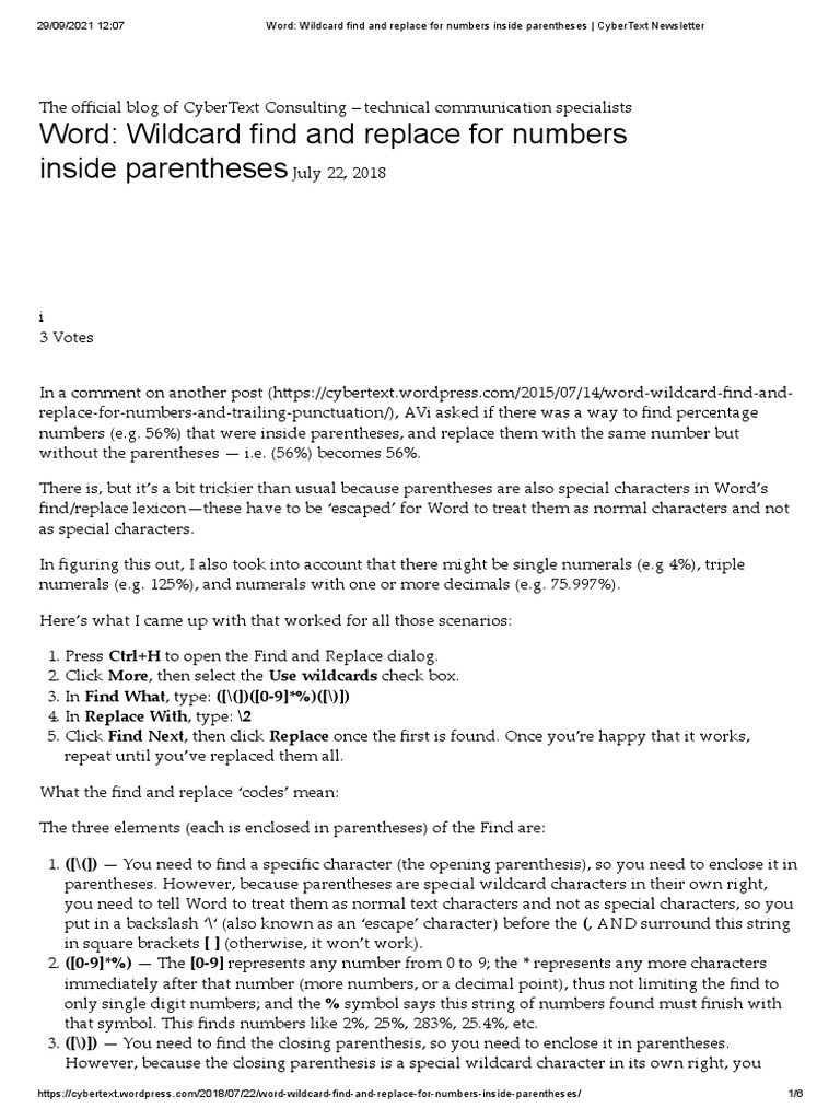Word: Wildcard Find and Replace For Numbers Inside Parentheses | PDF ...