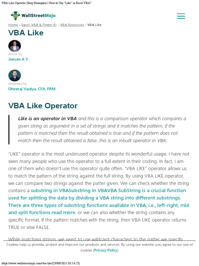 Vba Like Operator Easy Examples How To Use Like In Excel Vba Pdf Microsoft Excel