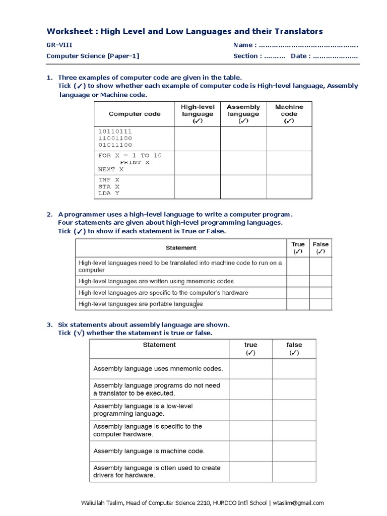 High & Low Level Languages Worksheet | PDF | Business | Computers
