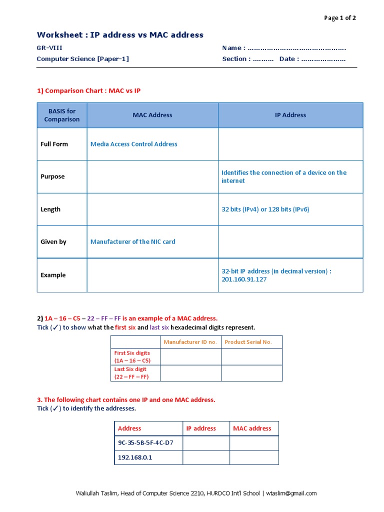 Worksheet: IP Address Vs MAC Address | PDF | Ip Address | Bit