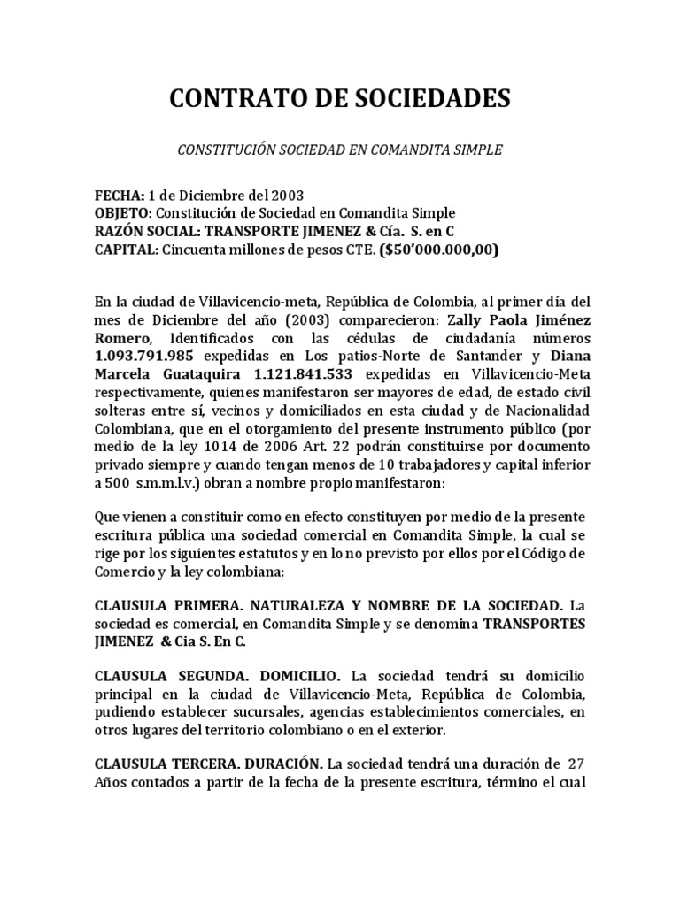 Contrato de Sociedades Comandita Simple | PDF | Sociedad de responsabilidad limitada | Arbitraje