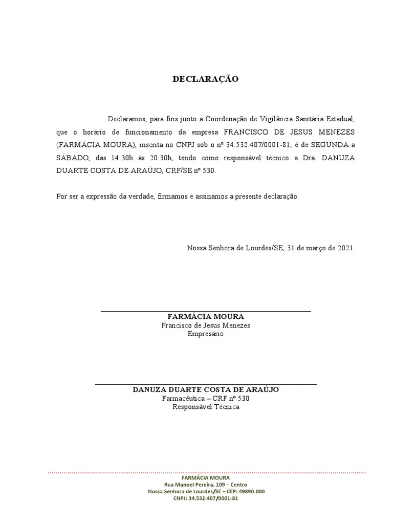 Declaração Horário de Funcionamento | PDF