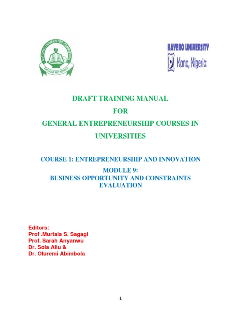 Draft Training Manual FOR General Entrepreneurship Courses in ...
