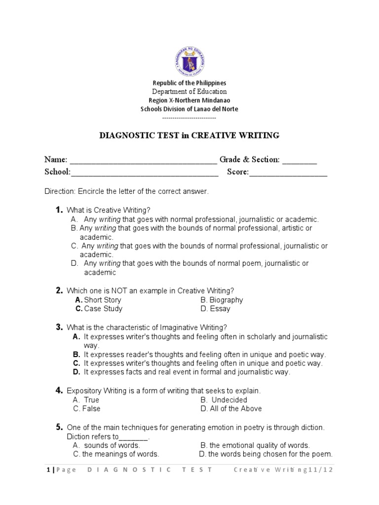 Diagnostic Test - Ccreative Writing | PDF | Poetry | Writing