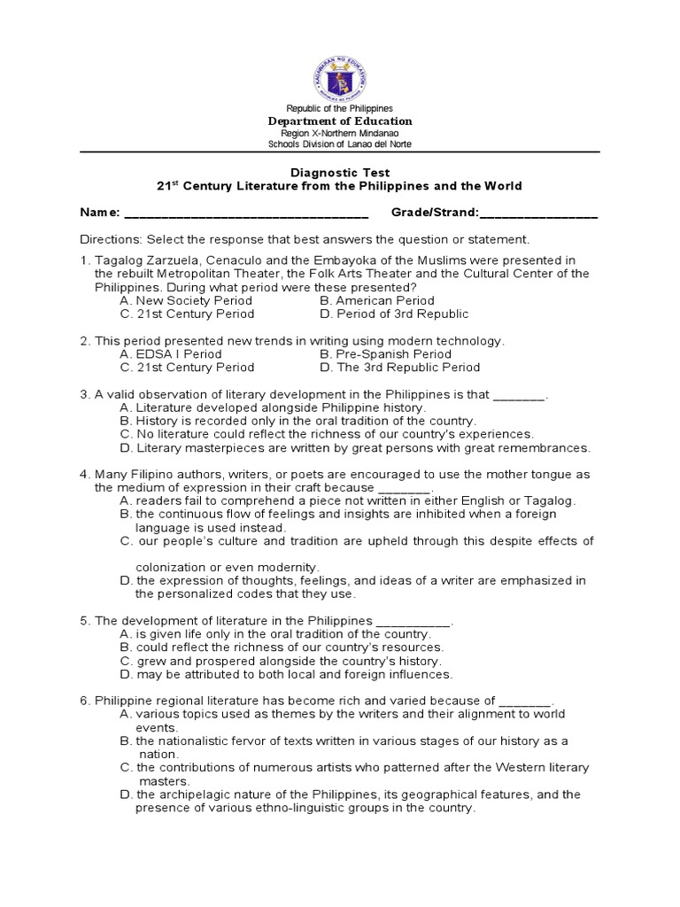 Diagnostic Test-21st Century Literature | PDF | Multimedia ...