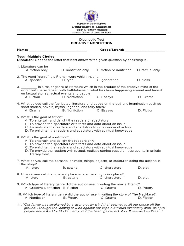 Diagnostic Test-Creative Non-Fiction | PDF | Narration | Narrative