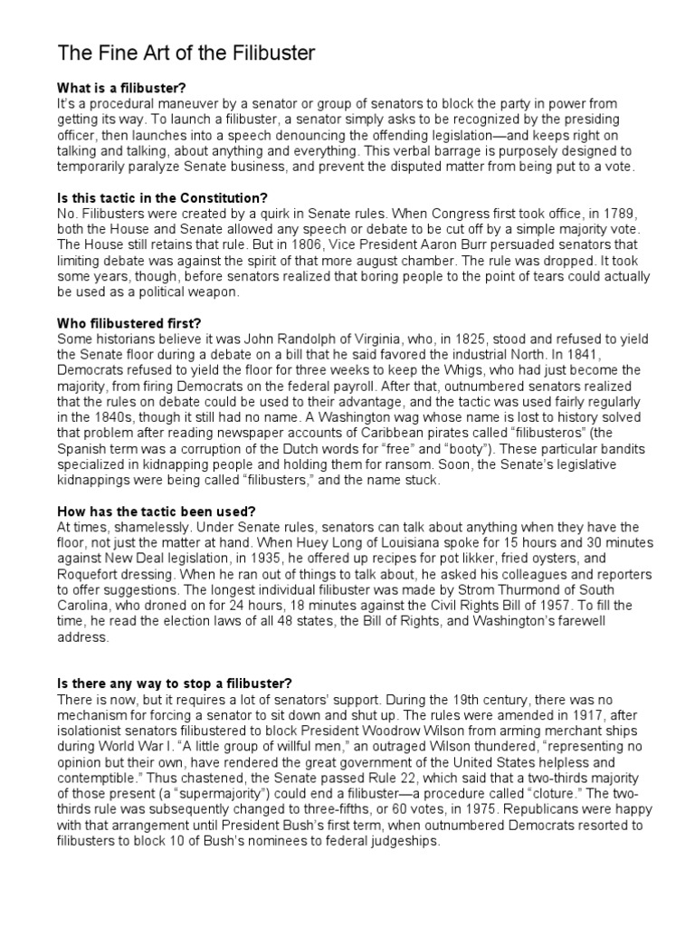 The Fine Art of The Filibuster | PDF | United States Senate ...