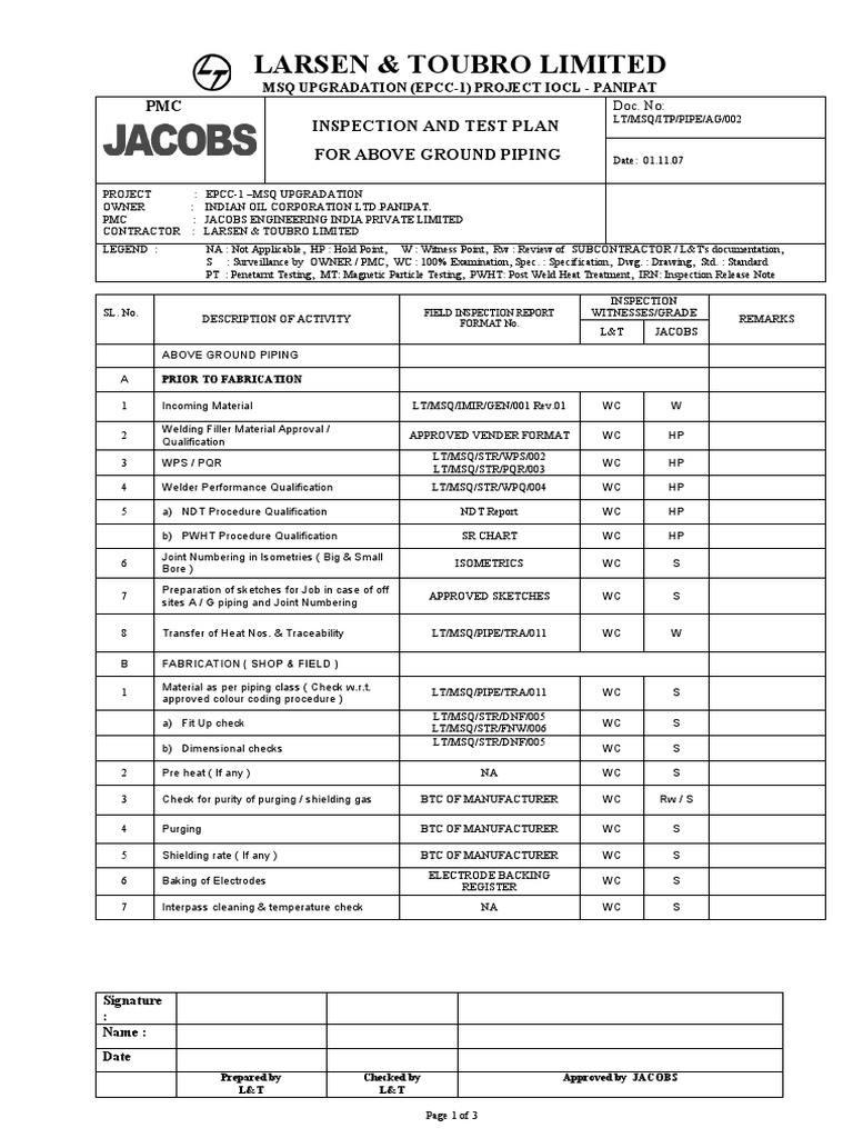 Larsen & Toubro Limited: Inspection and Test Plan For Above Ground ...
