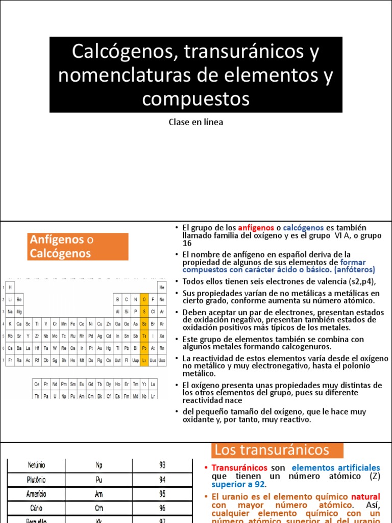 C7 Calcógenos, transuránicos y nomenclaturas de elementos y | PDF ...