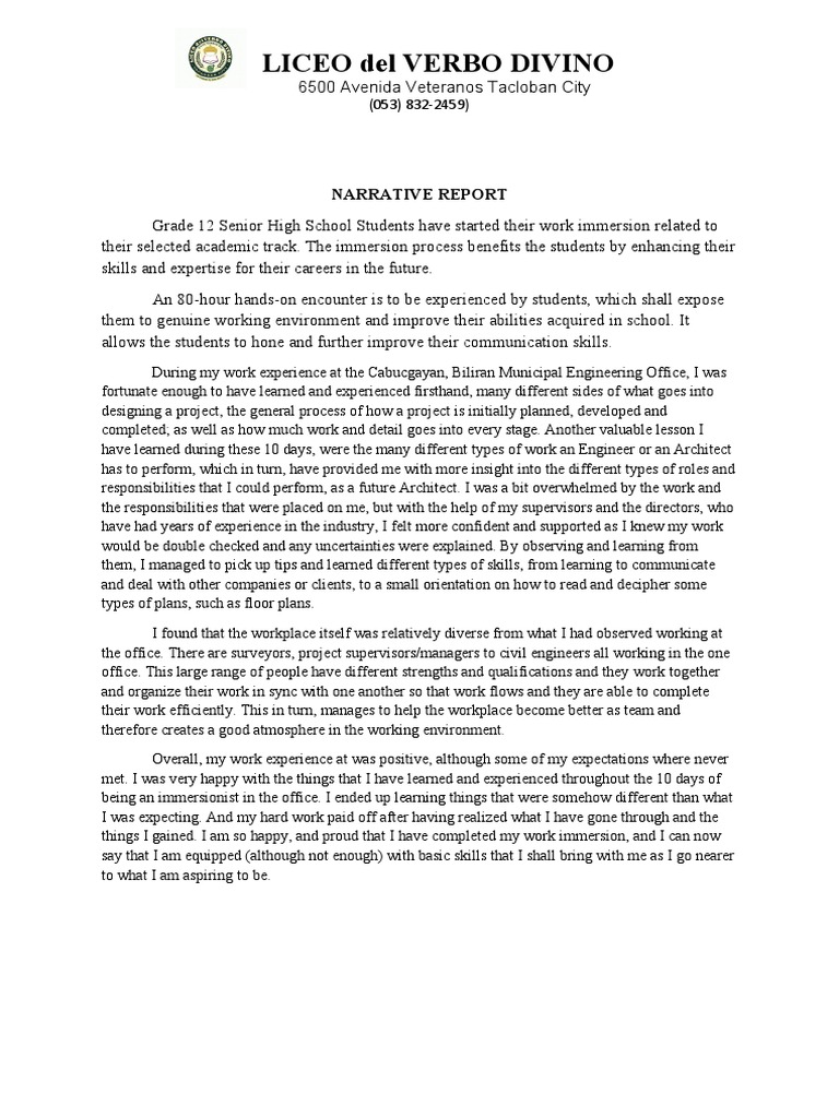 A Student's Insights: A Narrative Report on a 10-Day Work Immersion at ...