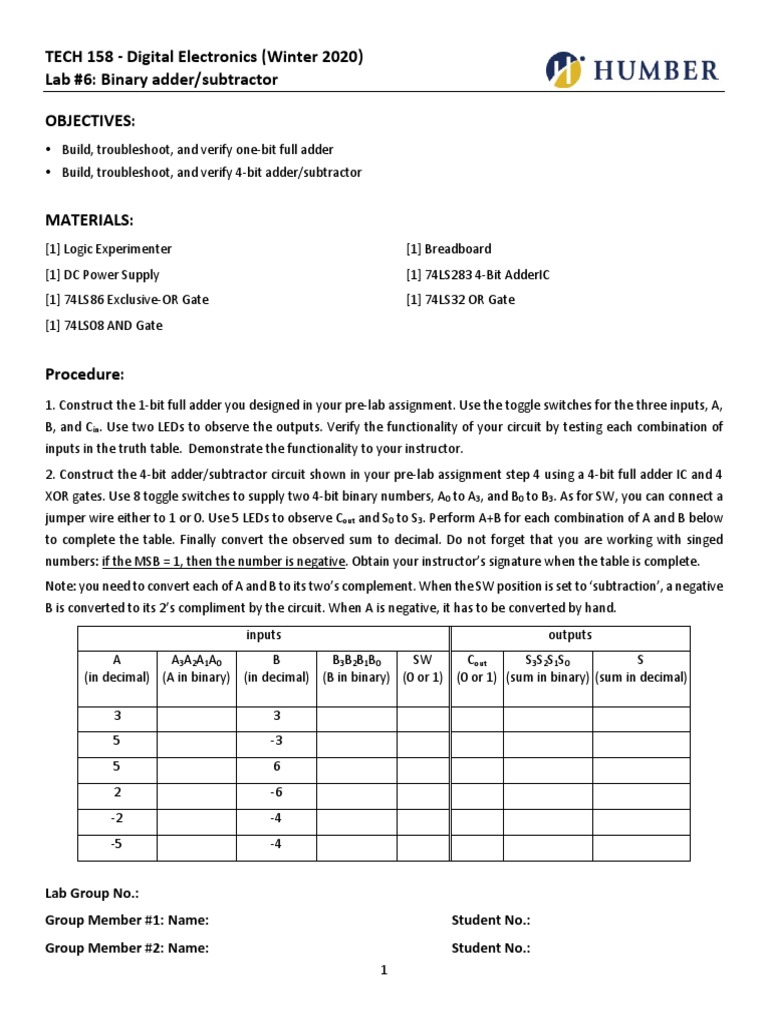 TECH 158 - Digital Electronics (Winter 2020) Lab #6: Binary Adder/subtractor Objectives | PDF ...