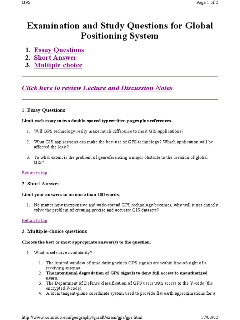 Examining the Fundamentals of GPS Technology: Essay Questions, Short ...
