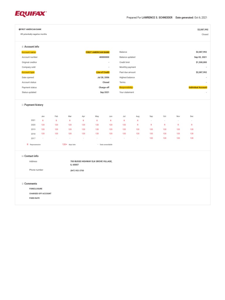 Equifax Report First American Bank Reporting Pulled 10/06/2021 ...