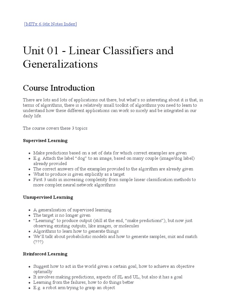 Unit 01 - Linear Classifiers and Generalizations - MD | PDF | Machine Learning | Statistical ...