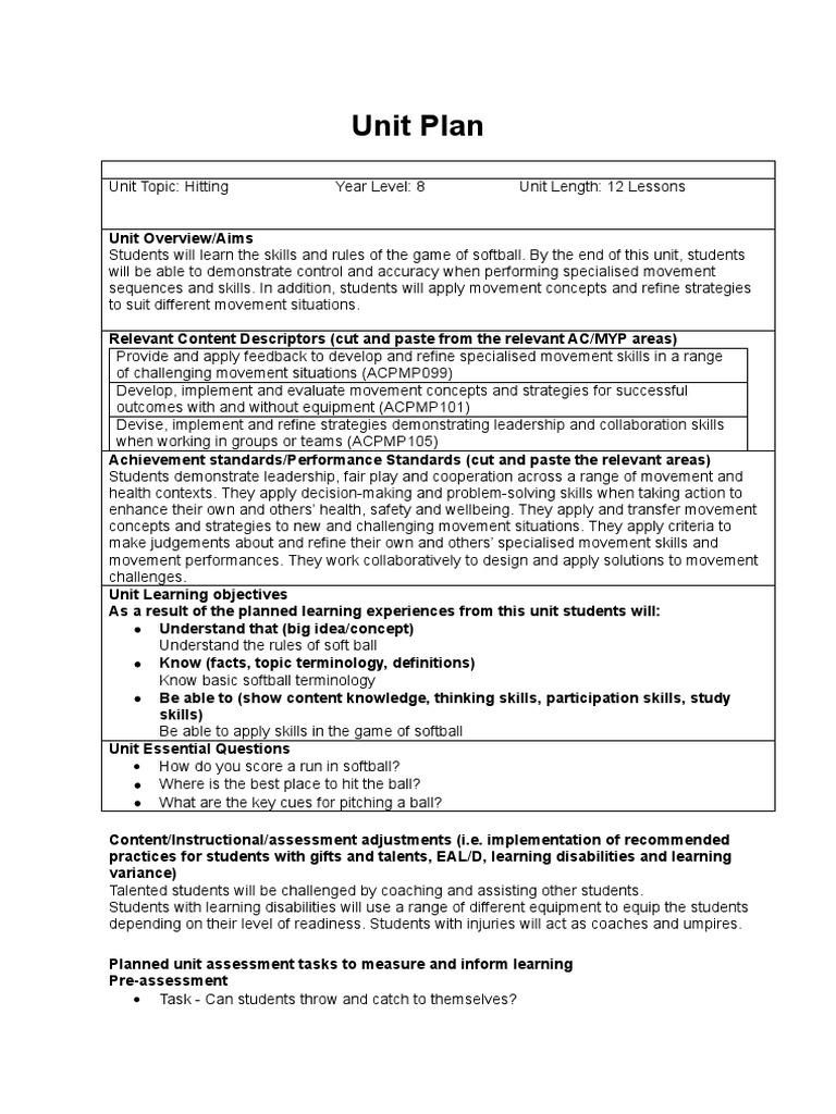 Unit Plan | Download Free PDF | Baseball Field | Softball