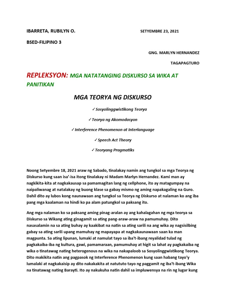 REPLEKSYON Diskurso (Ibarreta, Rubilyn O.-Bsed-fil 3) | PDF