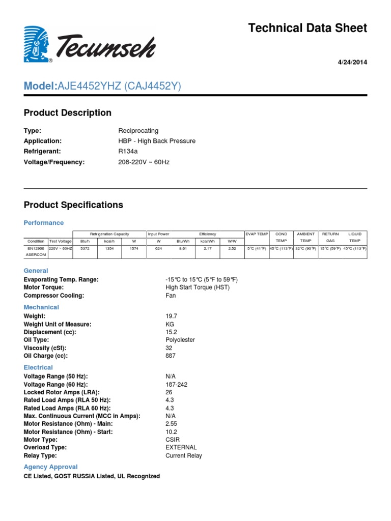 Compresseur Unite Hermetique Tecumseh Caj4452y | PDF | Electric Motor ...