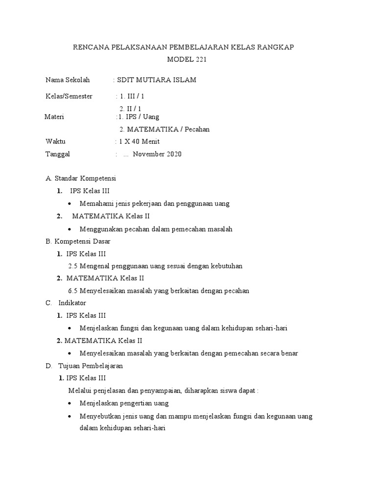 RPP MODEL 221 Universitas Terbuka Mata Kuliah Kelas Rangkap | PDF