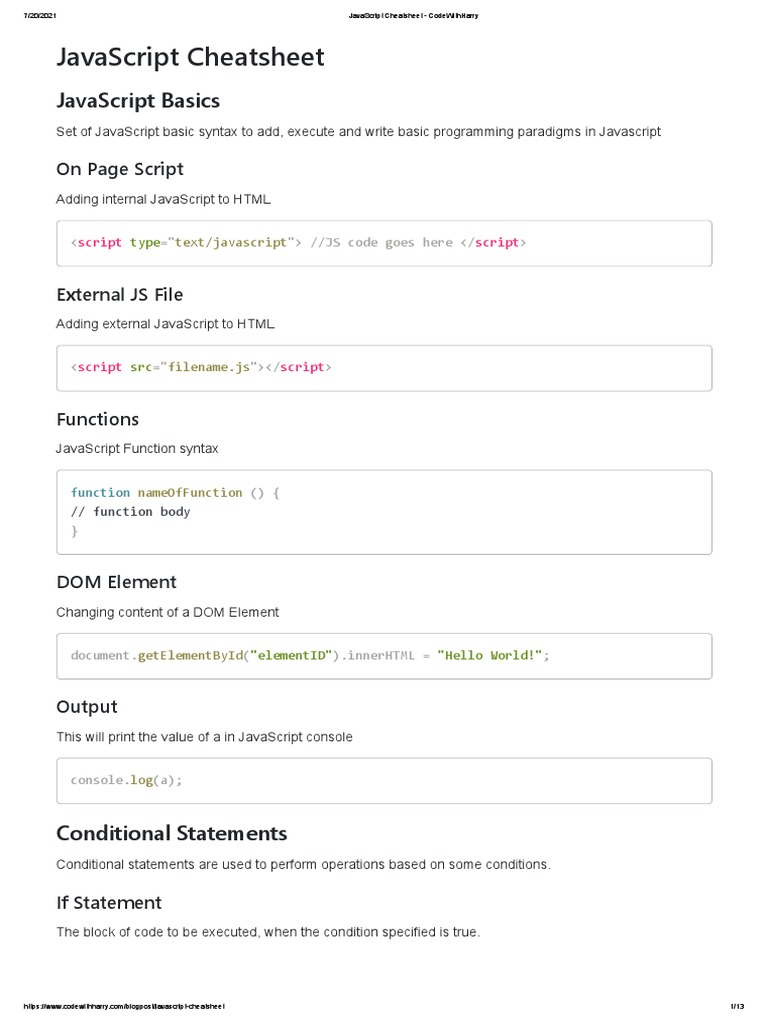 JavaScript Cheatsheet - CodeWithHarry | PDF | Document Object Model | Java Script