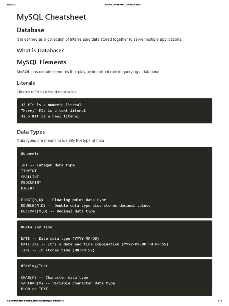 MySQL Cheatsheet - CodeWithHarry | PDF | Table (Database) | Computer Data
