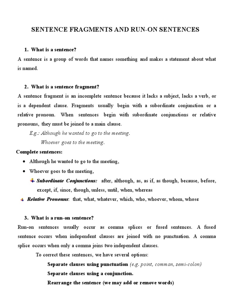 Sentence Fragments and Run-On Sentences: 1. What Is A Sentence? | PDF ...