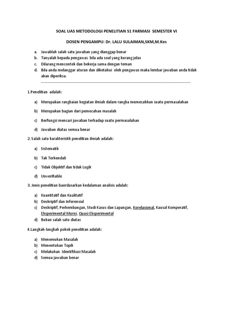 Soal Uas Metodologi Penelitian S1 Farmasi SM Vi | PDF