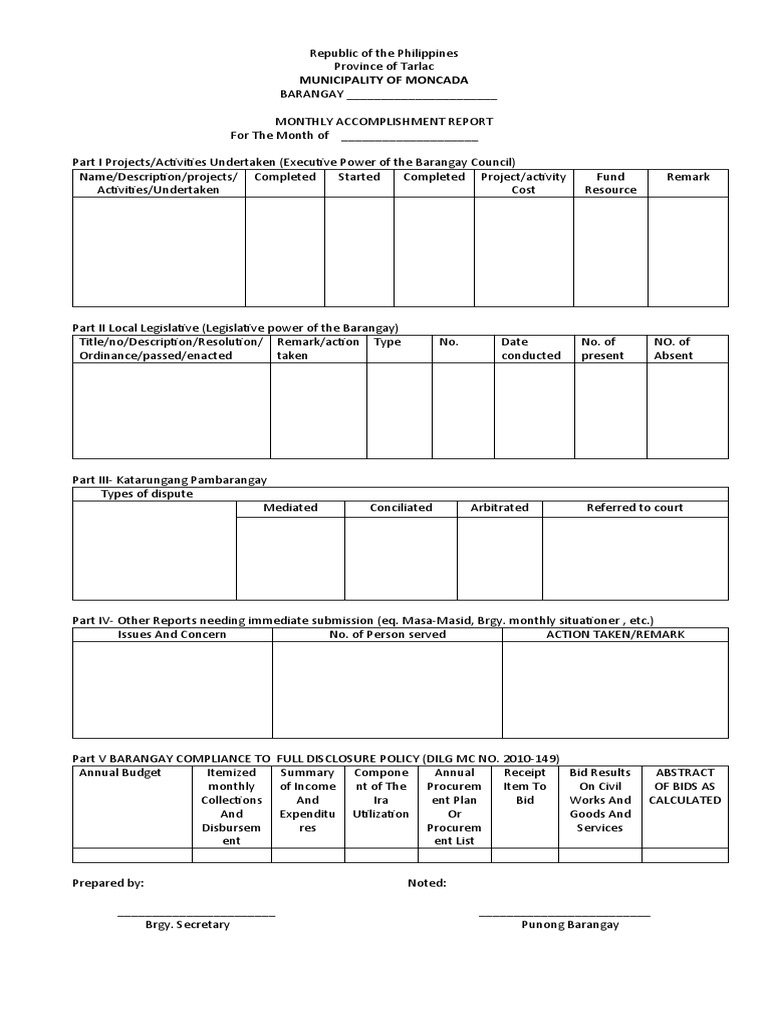 Monthly Barangay Report | PDF