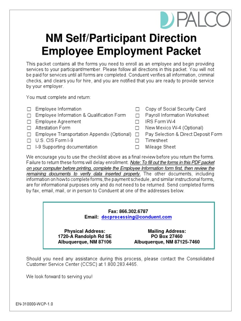 NM Self/Participant Direction Employee Employment Packet | Download ...