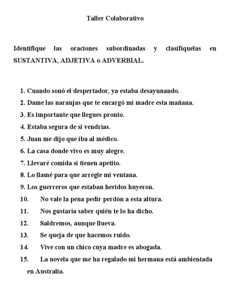 Taller Colaborativo de La Oración Subordinada. | PDF
