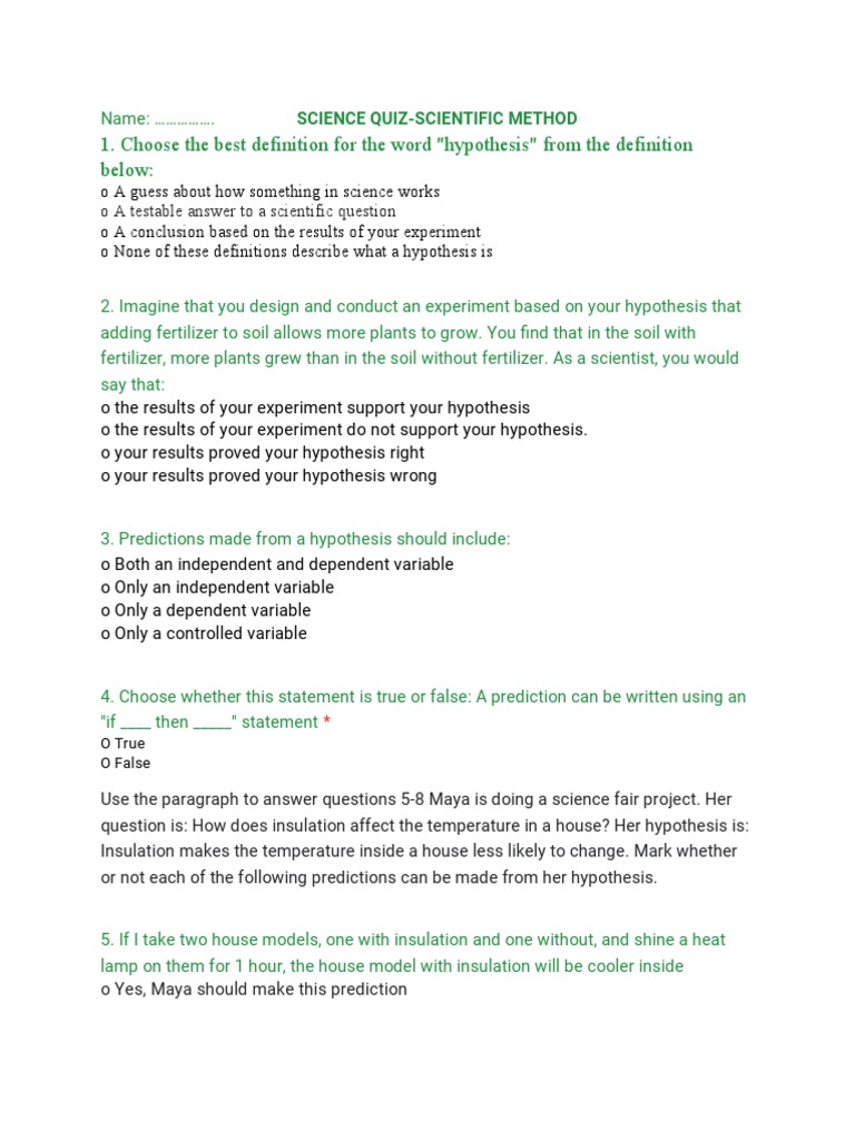 Scientific Method Quiz Overview | PDF | Hypothesis | Experiment