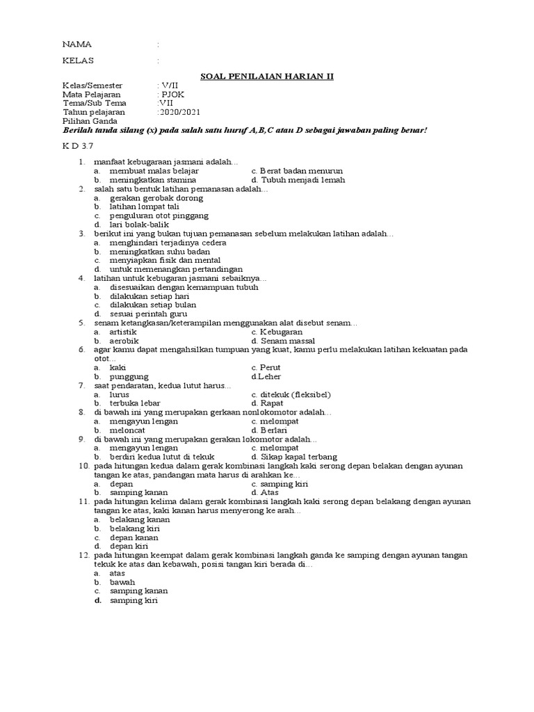 Soal Penjas Kelas 5 | PDF | Olahraga & Rekreasi