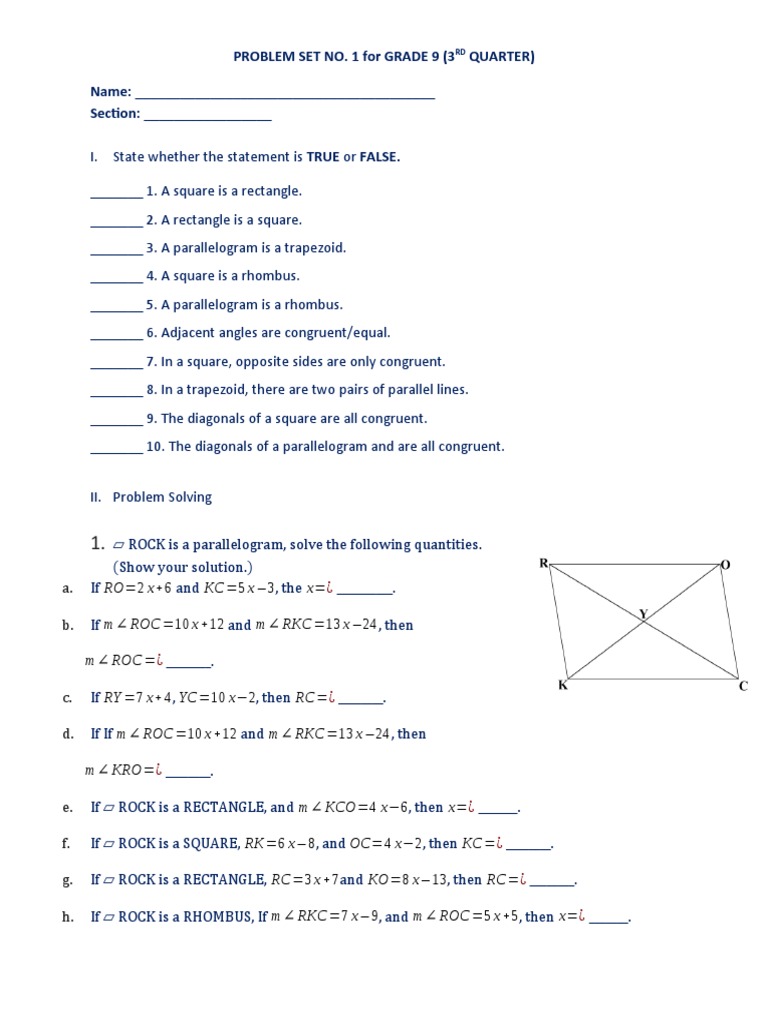 PROBLEM SET NO. 1 For GRADE 9 (3RD QUARTER) | PDF