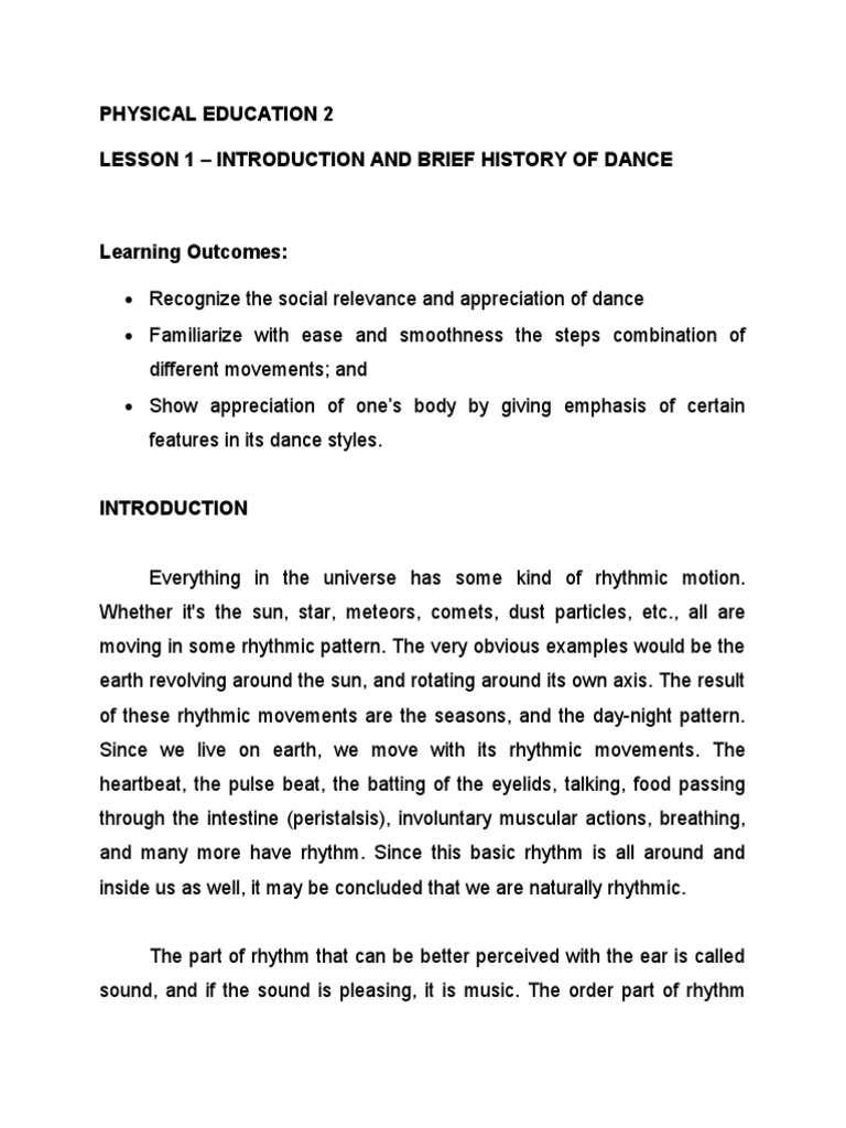 Lesson 1 - Introduction and Brief History of Dance | PDF | Dances | Rhythm