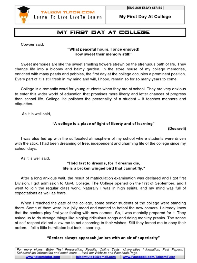 My First Day at College Essay English Taleem Tutor | PDF