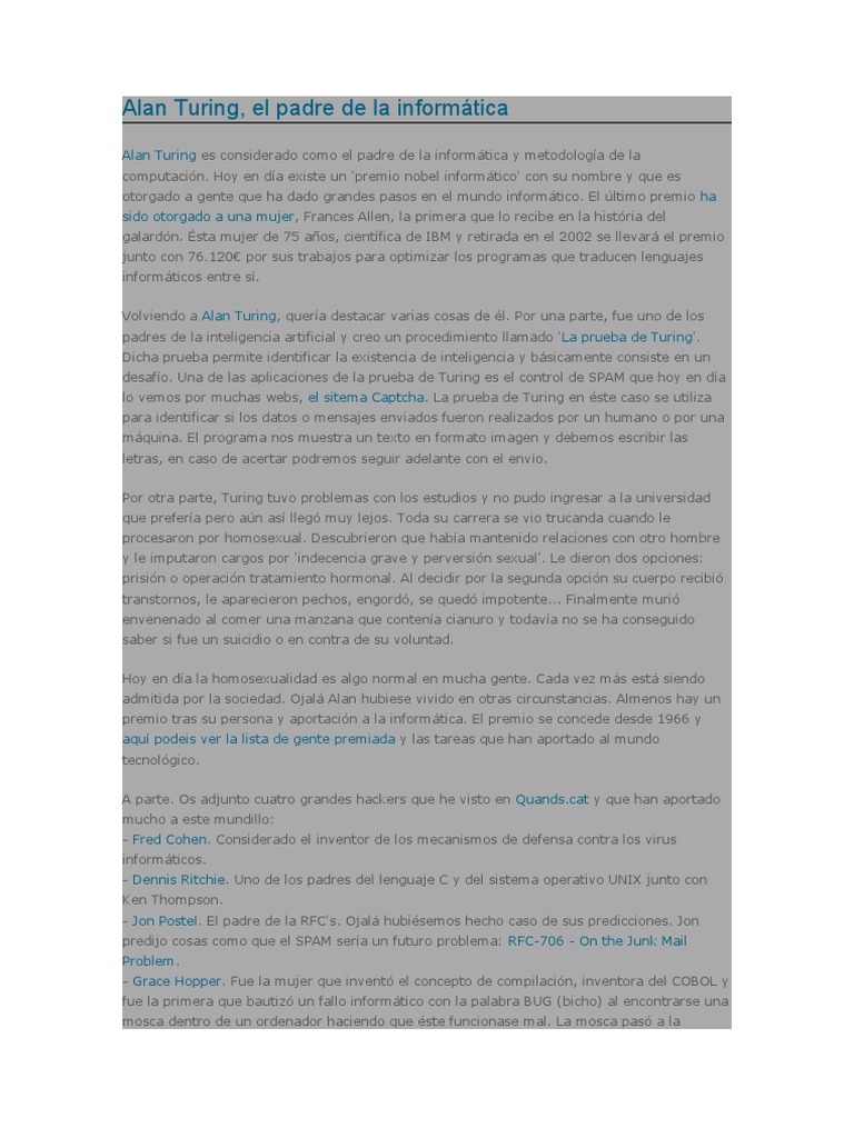 Alan Turing PADRE DE LA INFO | PDF | Alan Turing | Ciencias de la ...