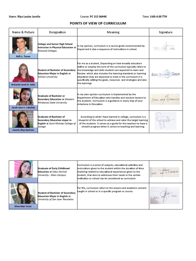 Points of View of Curriculum: Name & Picture Designation Meaning ...