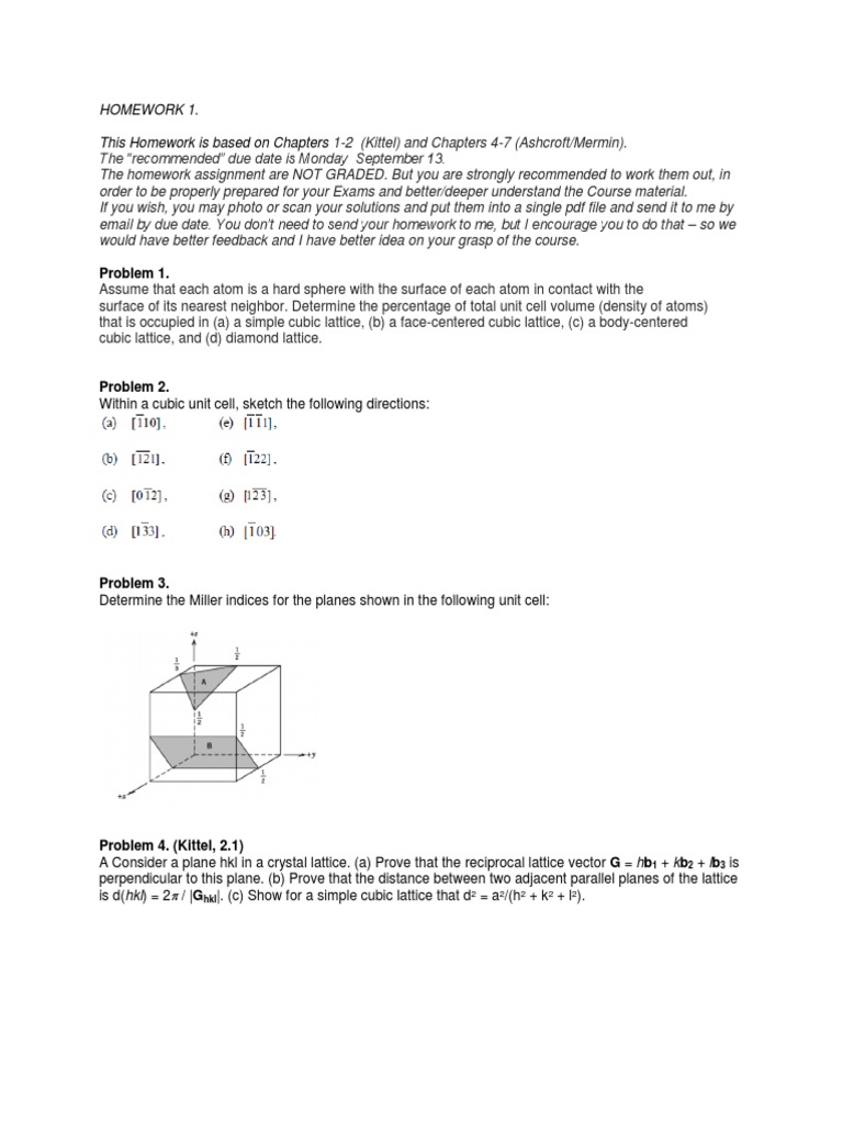 An Introduction to Crystallography: Homework Problems Covering Crystal Structures, Reciprocal ...