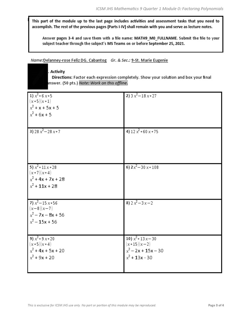 Math9 m0 Worksheet | PDF | Factorization | Mathematics