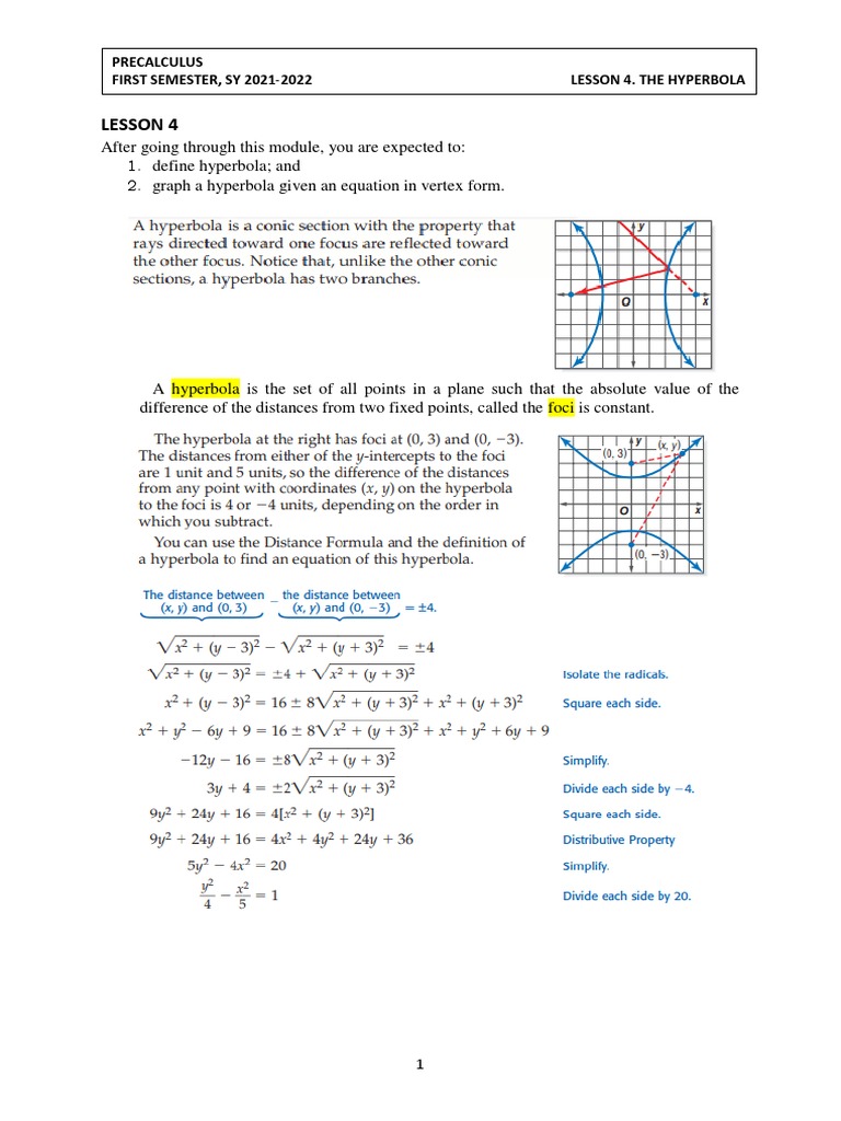 Lesson 4. The Hyperbola | PDF | Asymptote | Equations