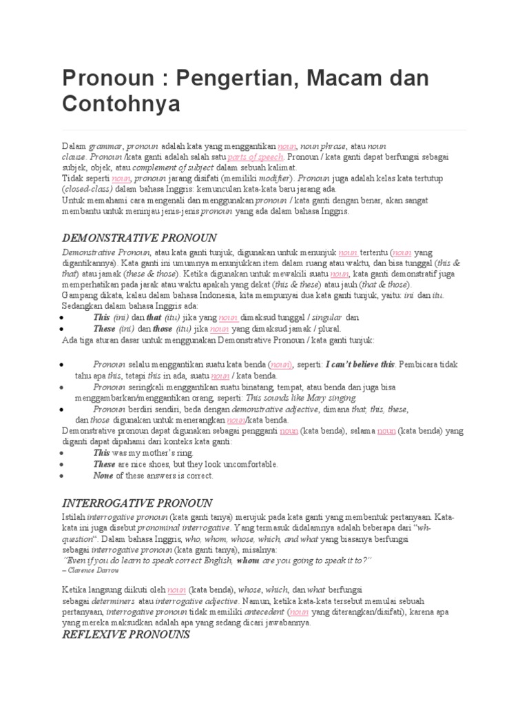 Pronoun (Pengertian, Macam Dan Contohnya) | PDF