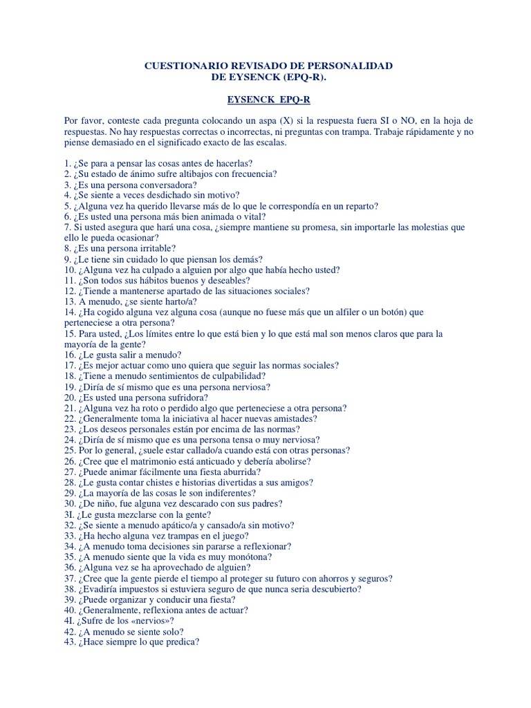 EPQ-R - Completo Preguntas y Hoja de Respuesta | PDF