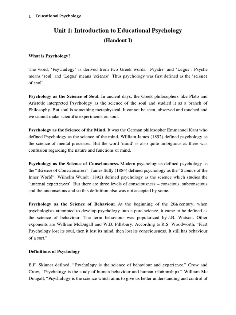 Psychology in Education Handout 1 Unit 1 Educational Psychology | PDF ...